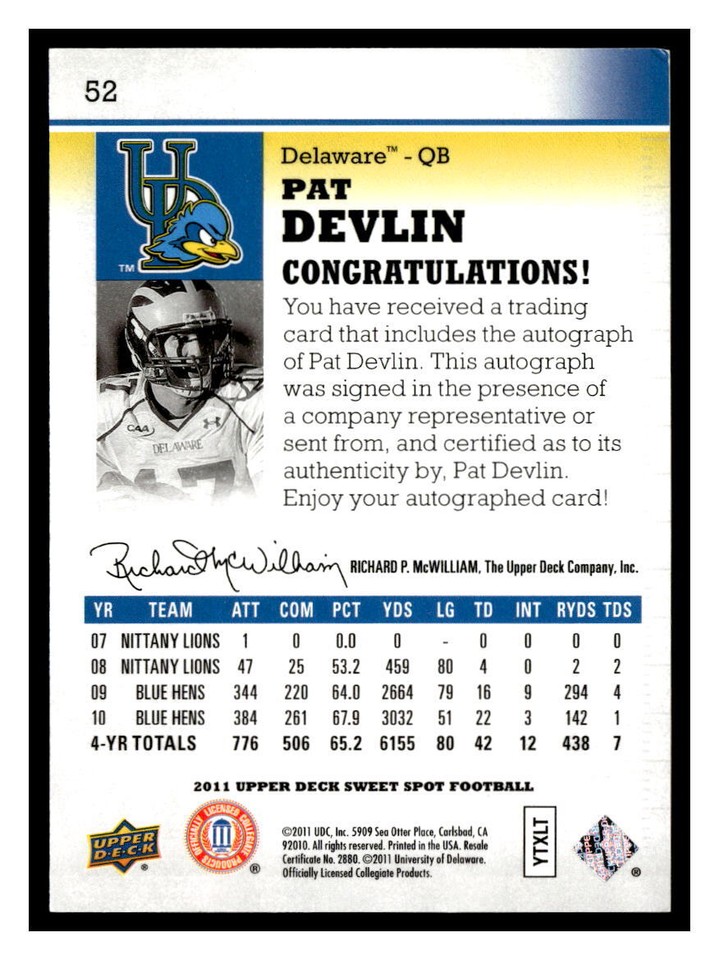 Pat Devlin 2011 Upper Deck Sweet Spot AUTO | eBay