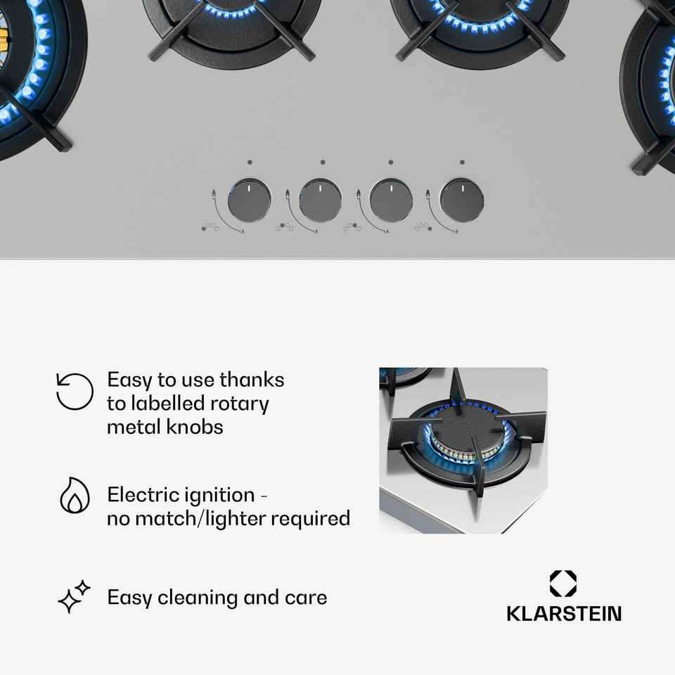 Klarstein Goldflame 4-Burner Slim Gas Hob 90 cm Built-in Gas Cooker Hob ...