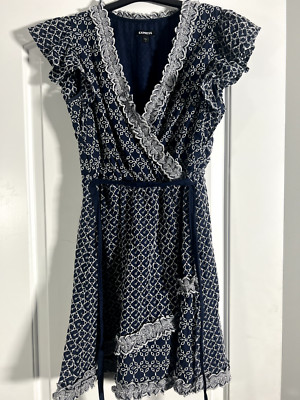 Express Tie Waist Tiered Mini Dress V-Neck Navy Blue and White Size ...