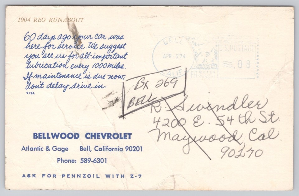 Bell California, 1904 Reo Runabout Bellwood Chevrolet Service Reminder ...