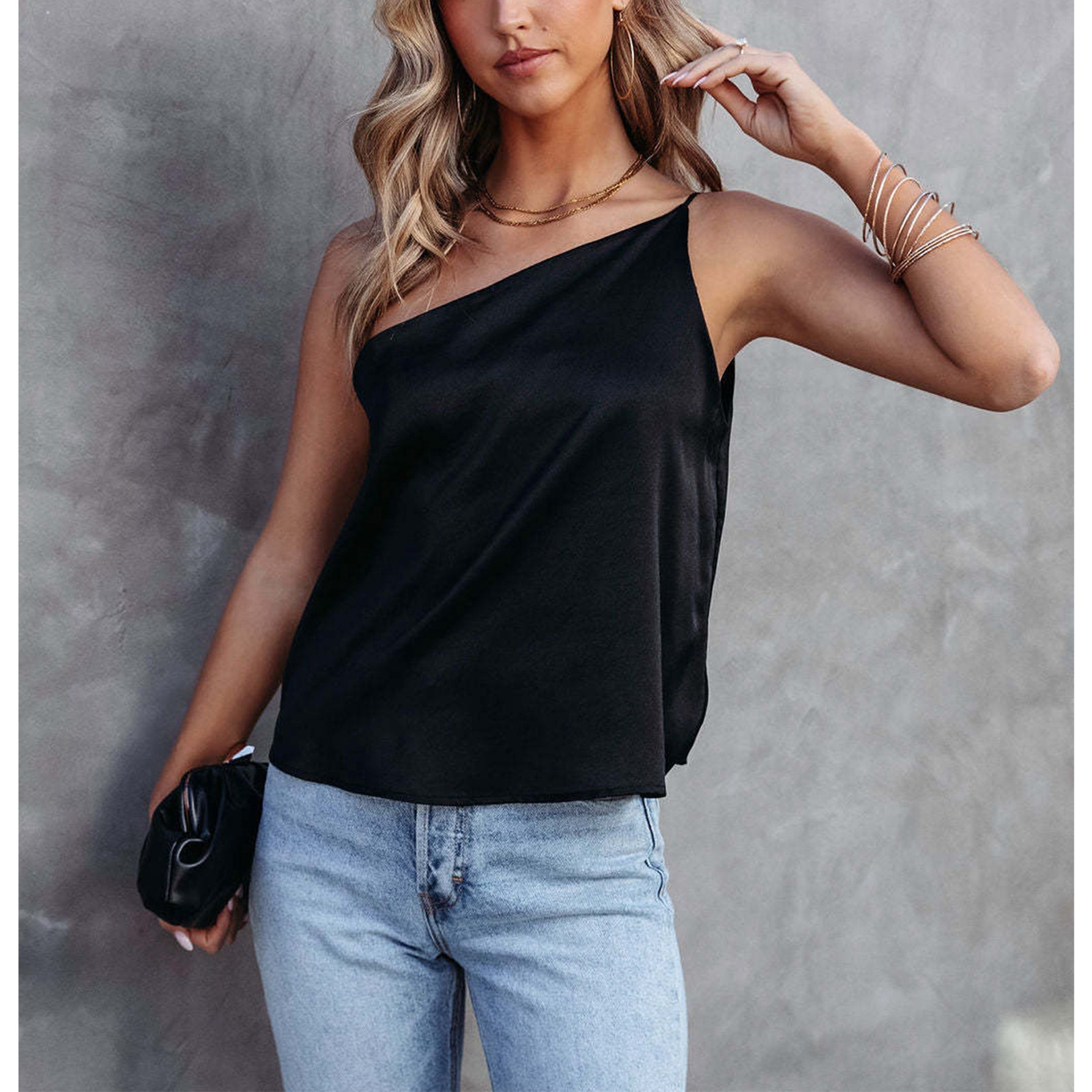 Tank Tops One Shoulder Style Sleeveless Camisole Dating Outing(Black XL ...