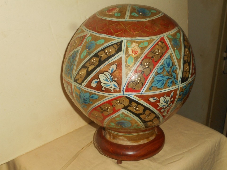 Hand Painted Camel Bladder Globe Lamp Wood Base 1960's Made in Pakistan ...