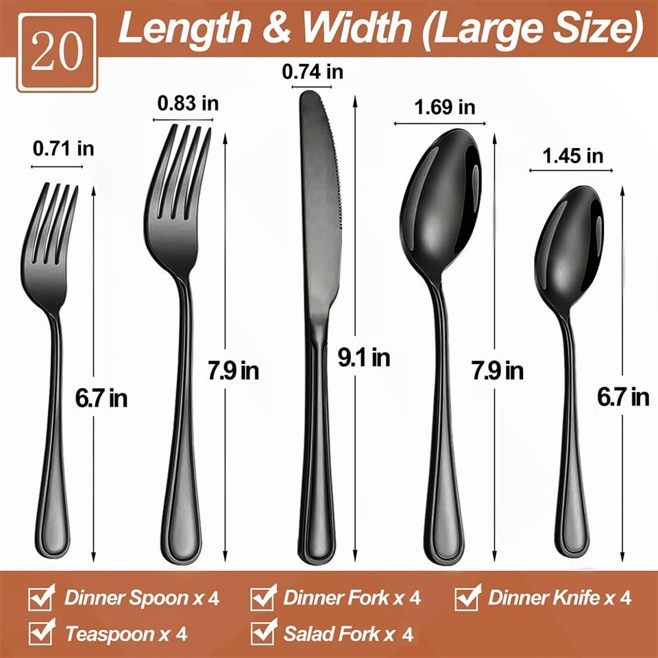 20 Pcs Black Silverware Set for 4 with Simple Striped Handle Design ...