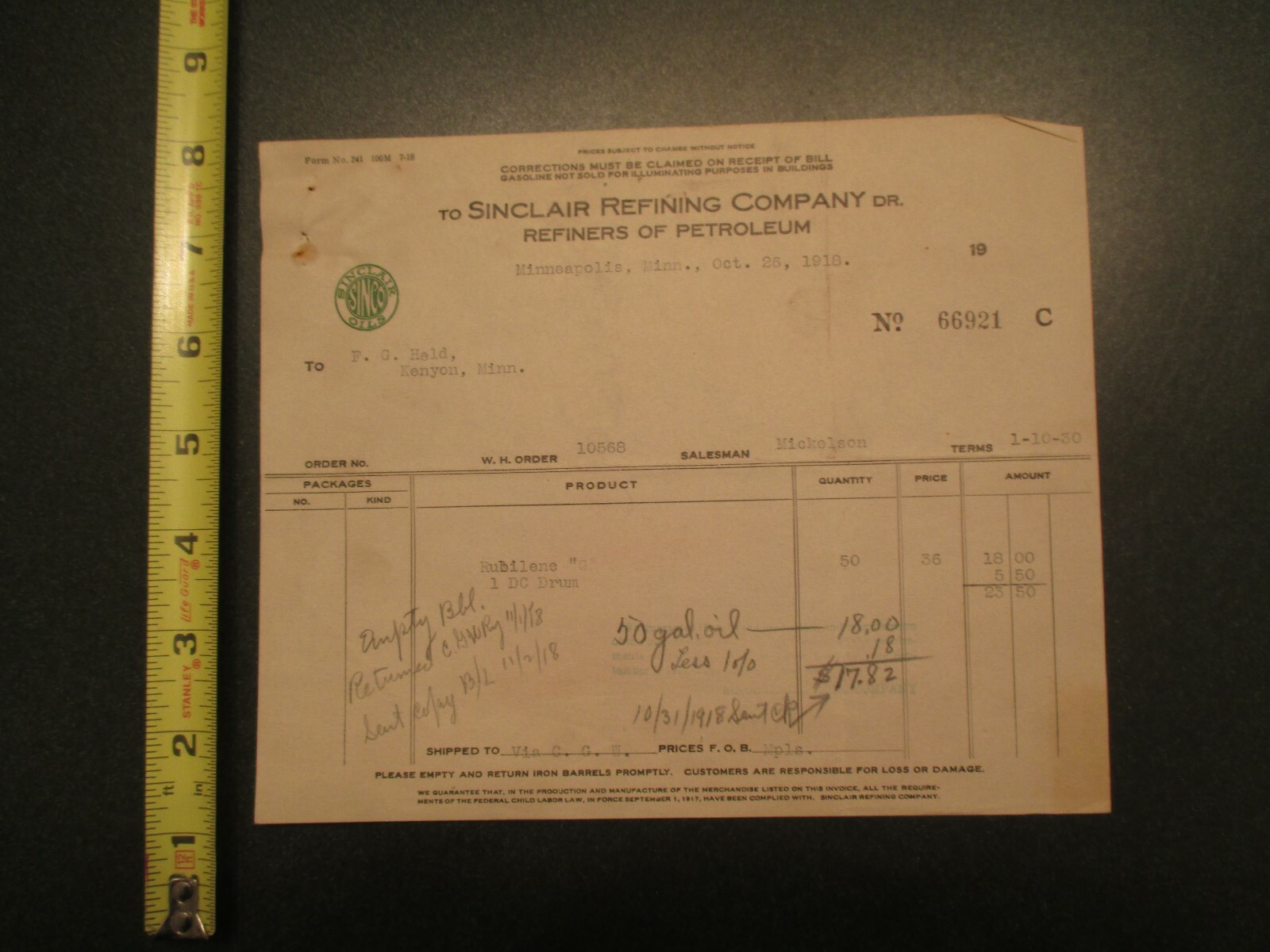 Sinclair refining Company Petroleum gas oil 1918 Letterhead 328 | eBay