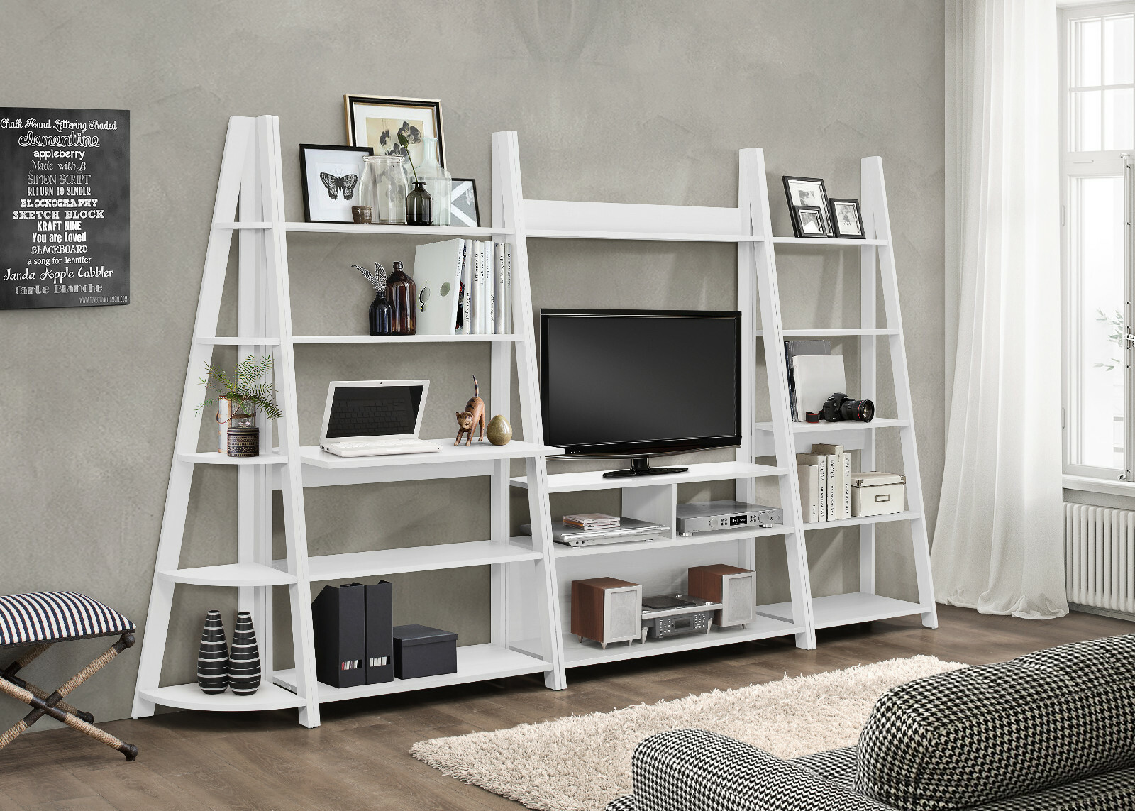 White Step Ladder Shelving Unit 5 Tier Leaning Bookcase Storage Display ...