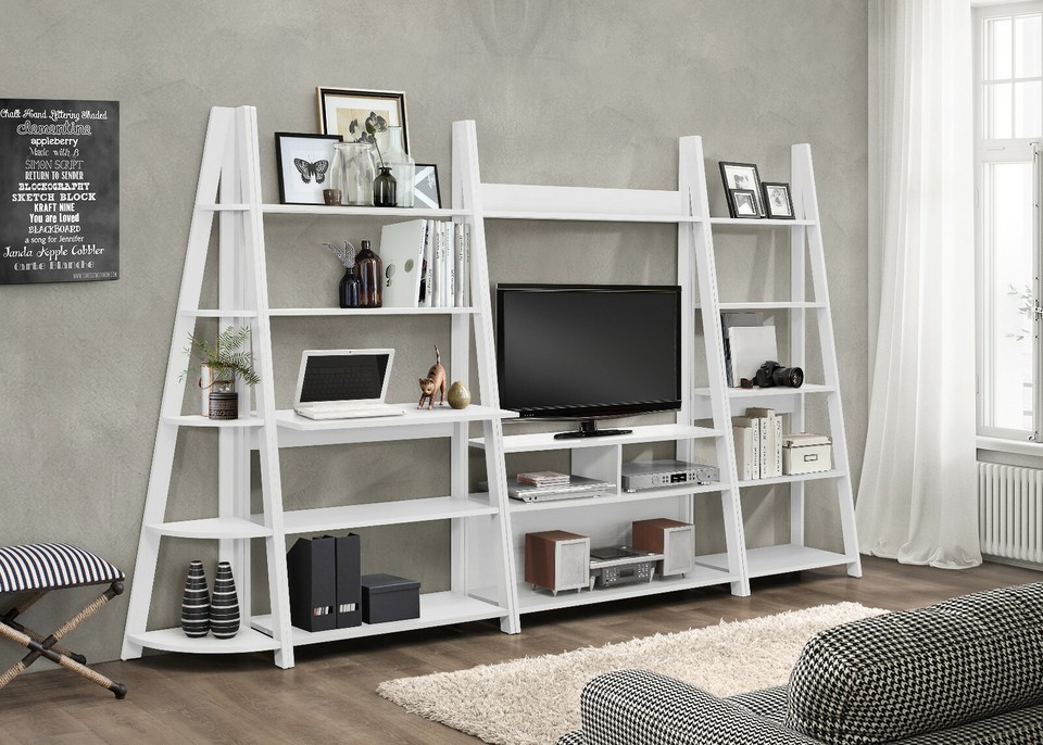 White Step Ladder Shelving Unit 5 Tier Leaning Bookcase Storage Display ...