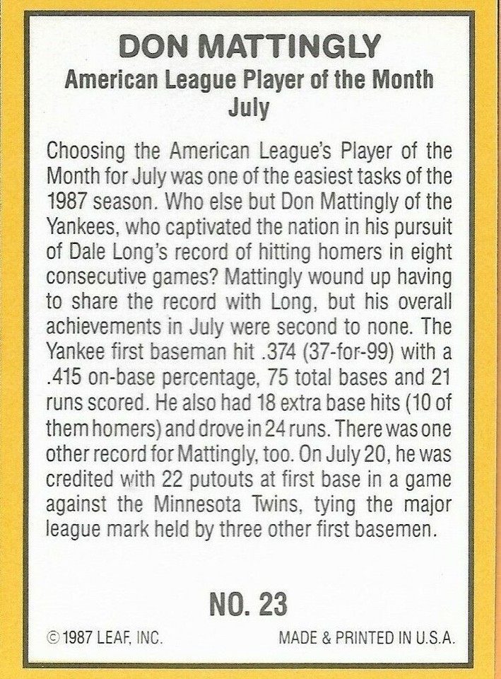 1987 Donruss Highlights Don Mattingly 23 New York Yankees Baseball | eBay