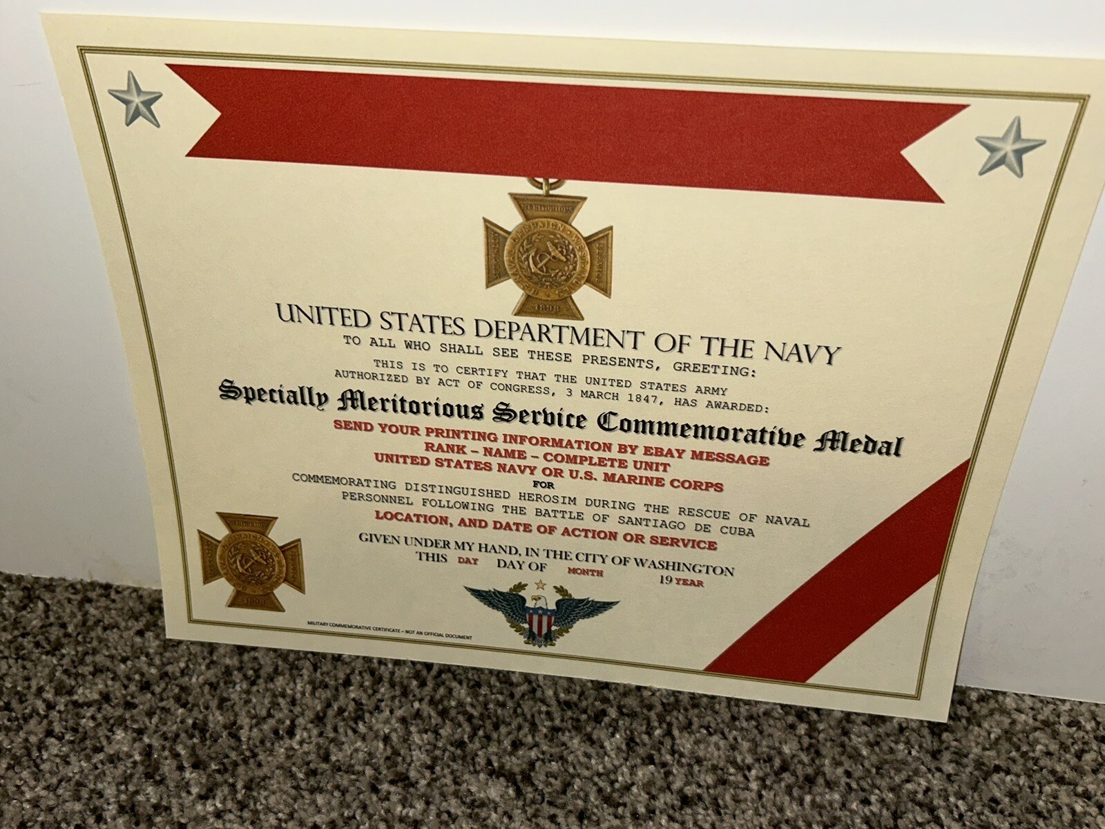 SPECIALLY MERITORIOUS SERVICE COMMEMORATIVE MEDAL CERTIFICATE ~ W ...