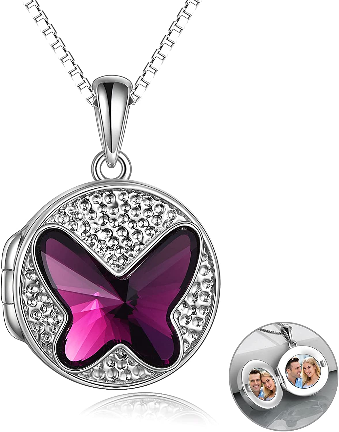 Locket Photo Necklace Sterling Silver PURPLE Butterfly Crystal Necklace ...