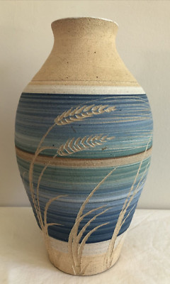 J Gasser Pottery Vase Beach Sea Oats Scene Incised Blues Ribbed Signed ...