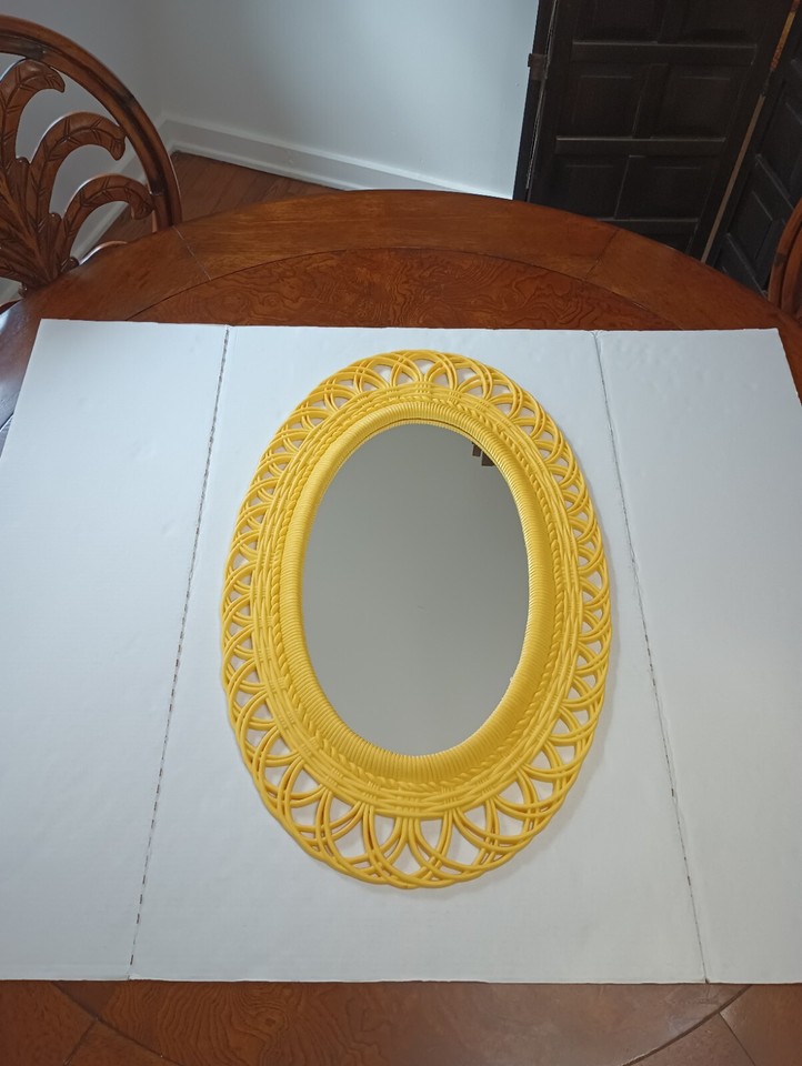 Vintage 1970's Kitschy Cool Faux Yellow Plastic Wicker Oval Wall Mirror ...