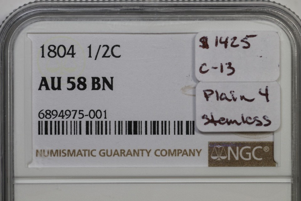 1804 C-13 NGC AU 58 Plain 5, Stemless Draped Bust Half Cent Coin 1/2c ...