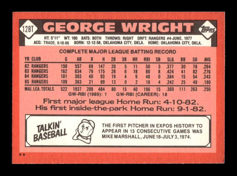 1986 Topps Traded # 128T George Wright Autograph Signed Card (M2 ...