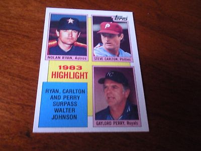 1984 Topps #4 Nolan Ryan/Steve Carlton/Gaylord Perry HL Surpass Walter ...