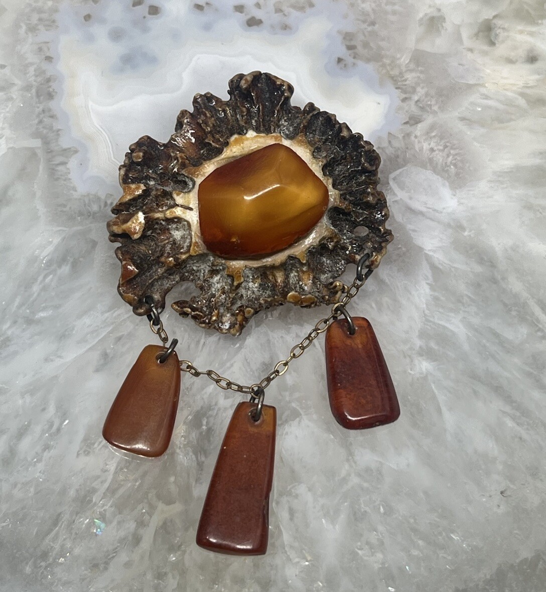 Rare Vintage Old Amber Horn Brooch Pin Large - Gem
