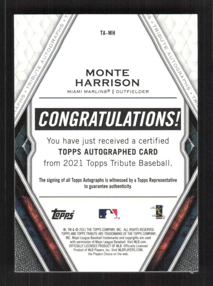 Monte Harrison 2021 Topps Tribute Tribute Autographs Marlins #/199 Auto ...