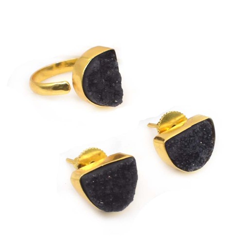 D Shape Black Suger Druzy Gemstone Gold Plated Studs Ring Jewelry Set ...