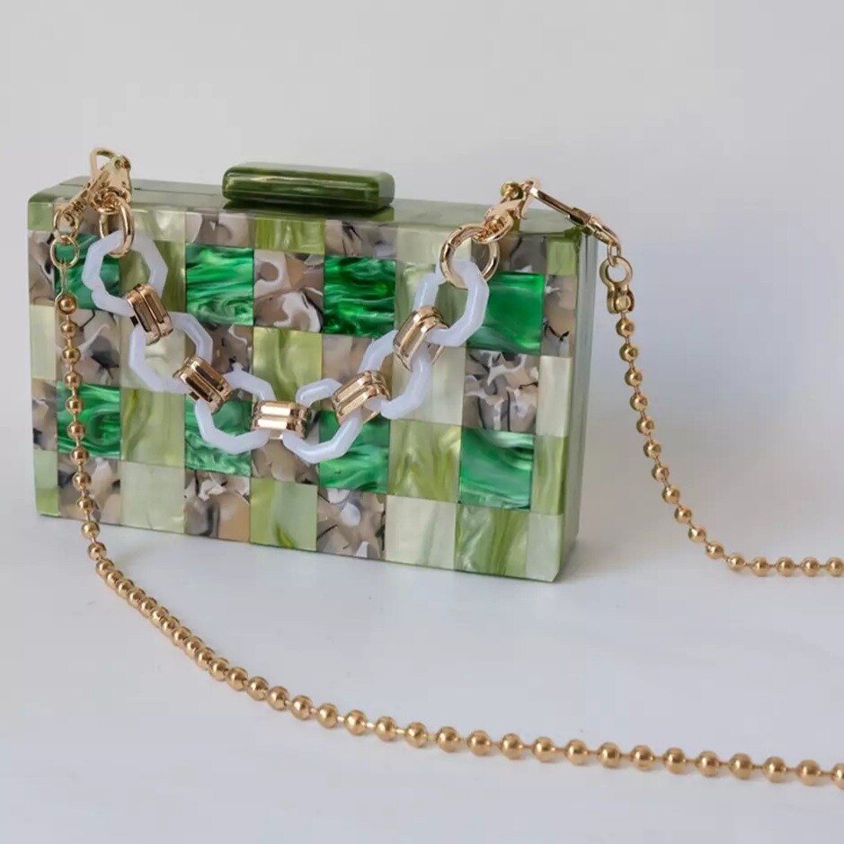 Women Box Clutch Purse Green Color Plaid Pattern Striped Evening Bag ...