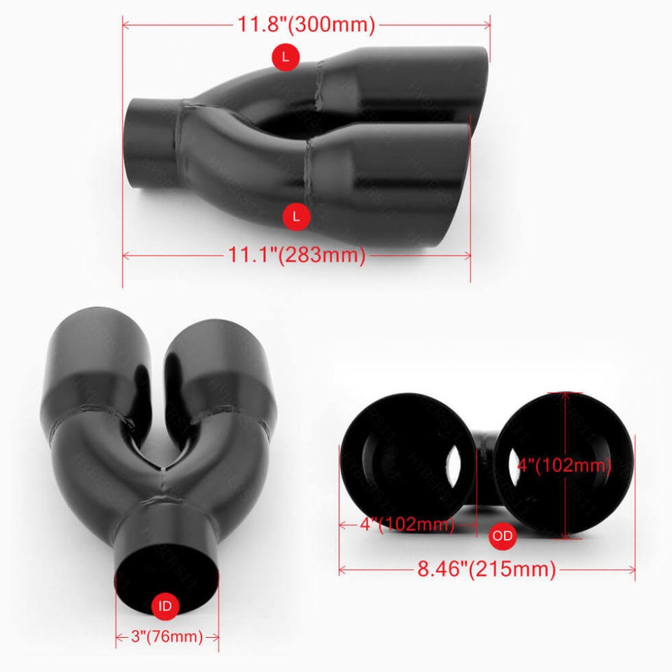 Black 3" Inlet Dual Wall QUAD 4" Outlet Staggered Stainless Steel ...