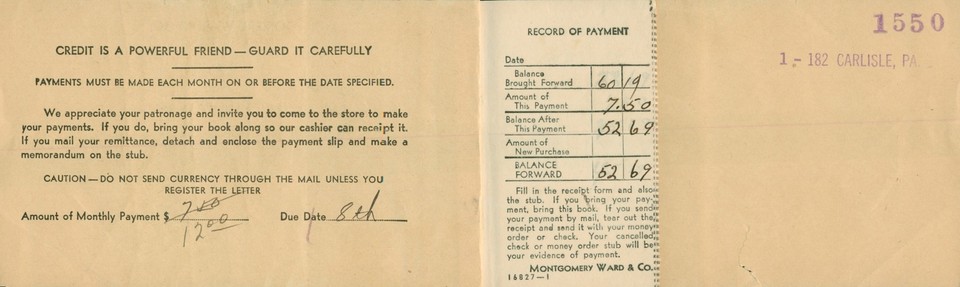 c1944 Montgomery Ward Payment Receipt Book Carlisle Pennsylvania Elmer ...