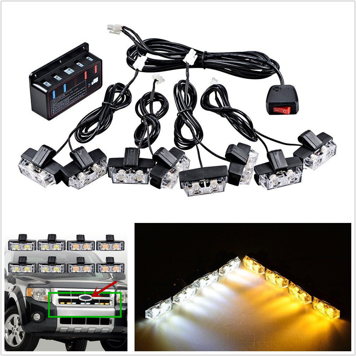 8 Pcs DC12V 2-LED Amber + White Car SUV Front Grille Hazard Flashing ...