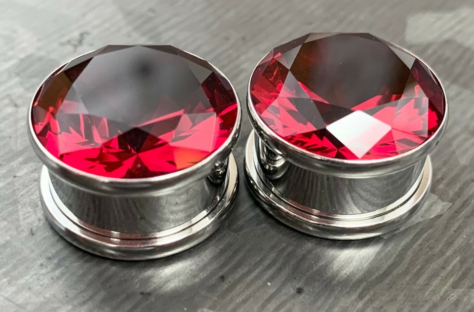 PAIR Large Red Gem Screw Fit Tunnels Plugs Gauges Pierced Body Jewelry ...