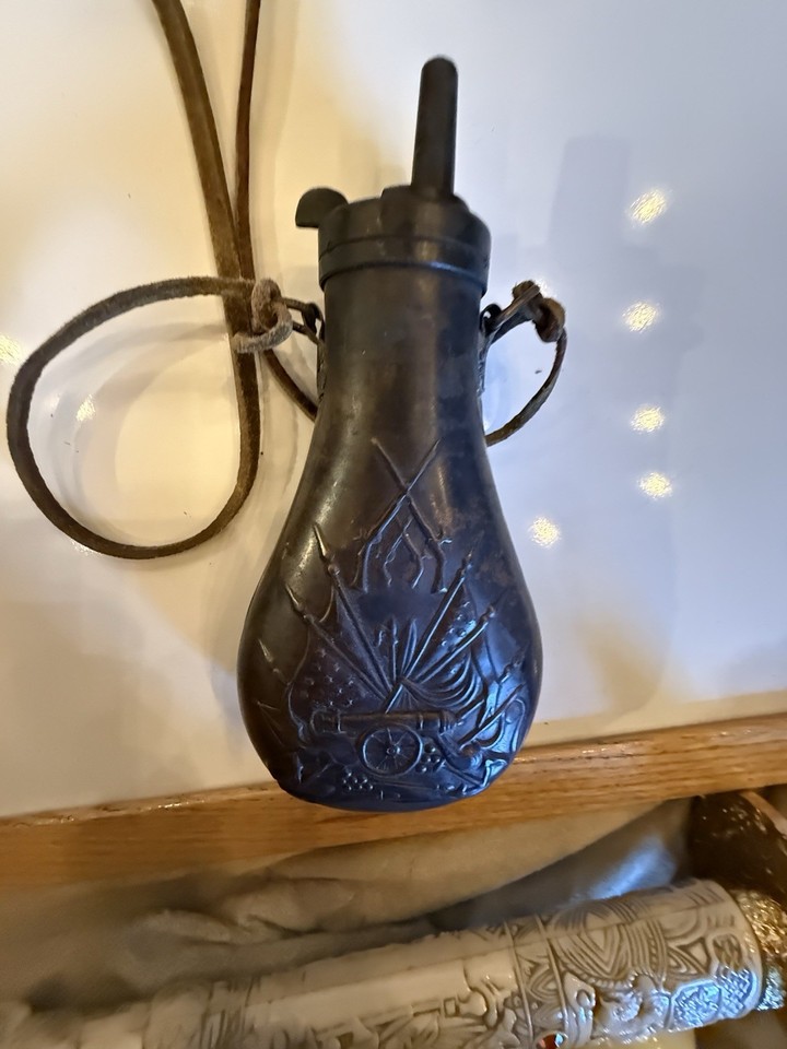 EMPTY Antique Embossed Brass Colts Cannon Design Gun Powder Holder Horn ...