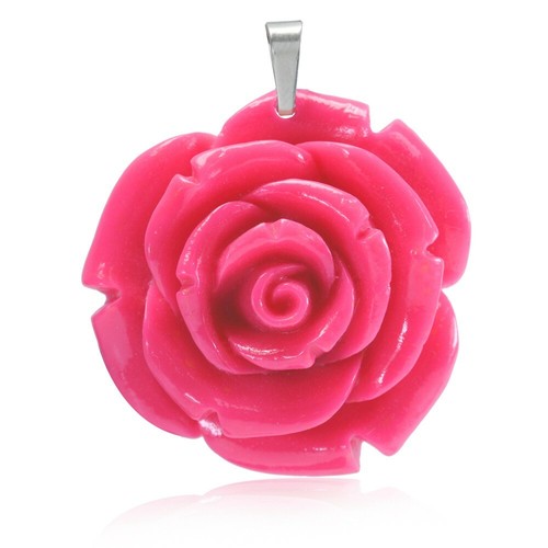 Pink Rose Flower 40mm Stainless Steel Pendant Bail + Long Sterling ...