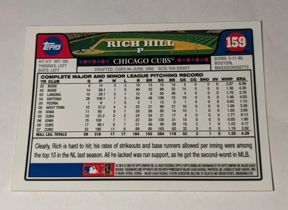 Rich Hill 2008 Topps Chrome # 159 Refractor Parallel Card Chicago Cubs ...