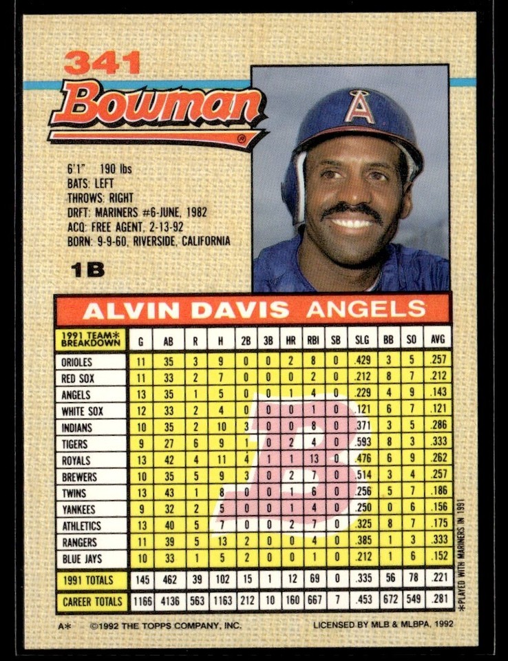 1992 Bowman #341 Alvin Davis California Angels | eBay