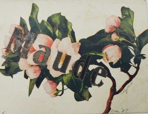 Vtg Large Letter Name Glitter MAUDE Greetings Floral Series MacFarlane ...