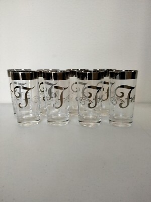 VTG 8 Silver Rim F Monogram Highball Glass Tumbler Set Dorothy Thorpe ...