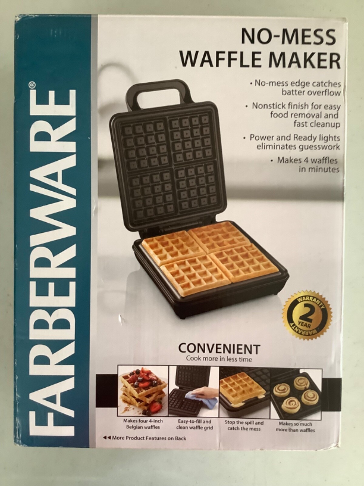 Farberware No-Mess Non Stick Waffle Maker Makes 4-4" Waffles New In Box ...