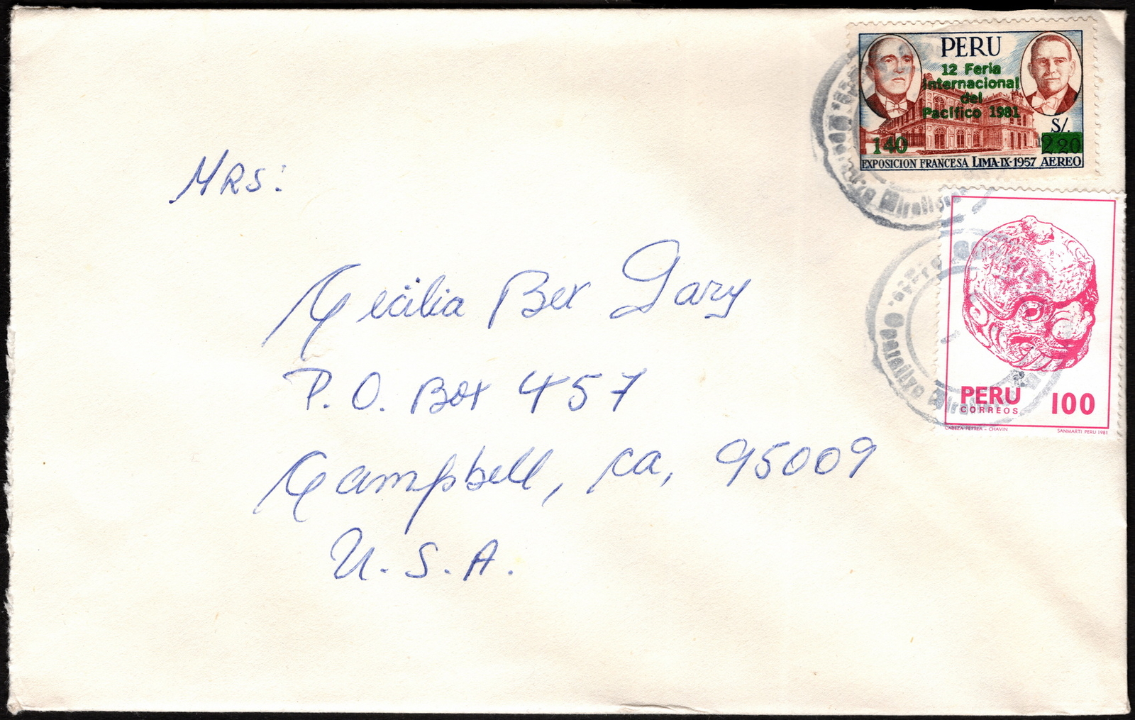 Peru - 1981 - Airmail Cover to the United States w Airmail & Stone Mask ...