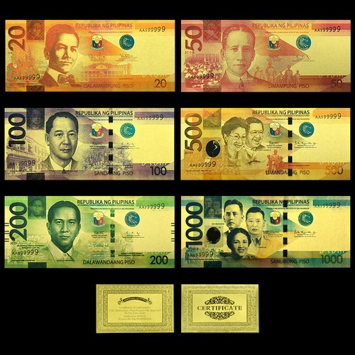6pcs/set Philippines Gold Banknotes 2010 Years 20 50 100 200 500 1000 ...