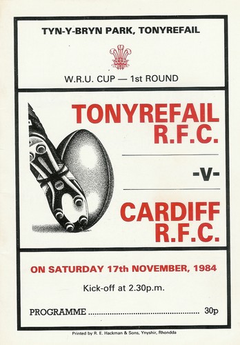 Tonyrefail v Cardiff - Welsh Cup - 1st round 17 Nov 1984 RUGBY ...