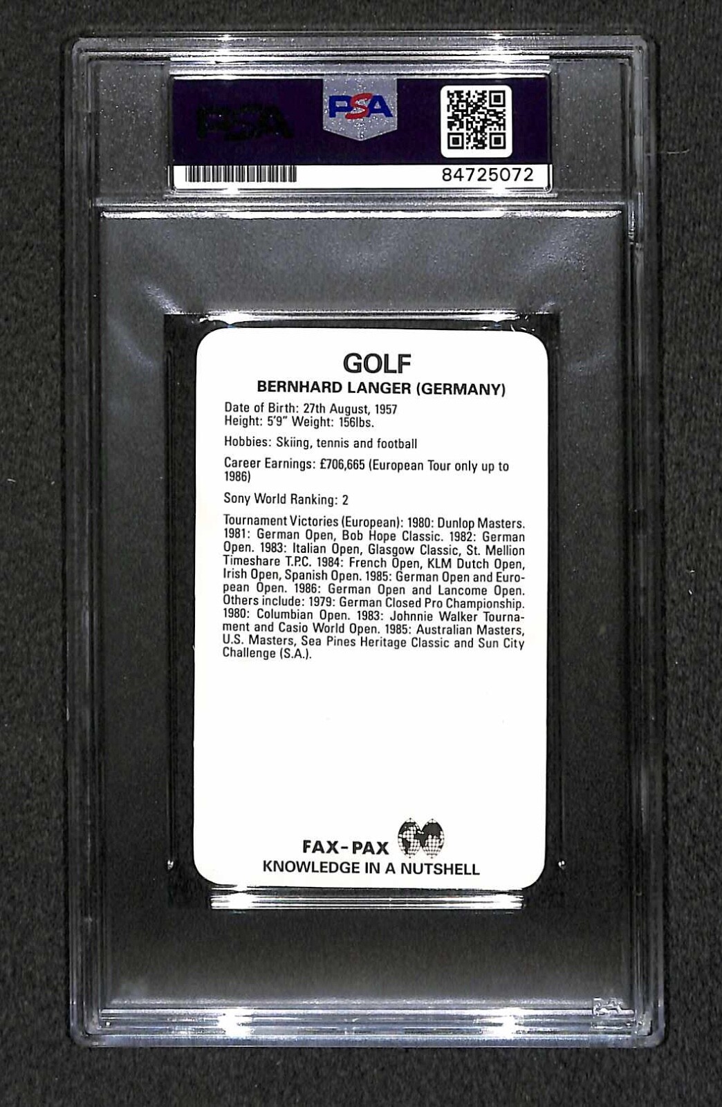 Bernhard Langer "2x Masters Champ" 1987 Fax Pax Golf Signed Rookie Card ...