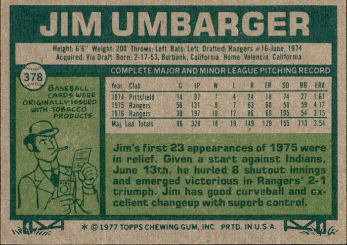 Jim Umbarger 1977 Topps #378 Texas Rangers Autographed Signed Baseball ...