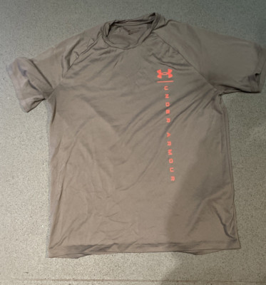 under armour grey polyester stretch top tshirt luminous pink lettering ...