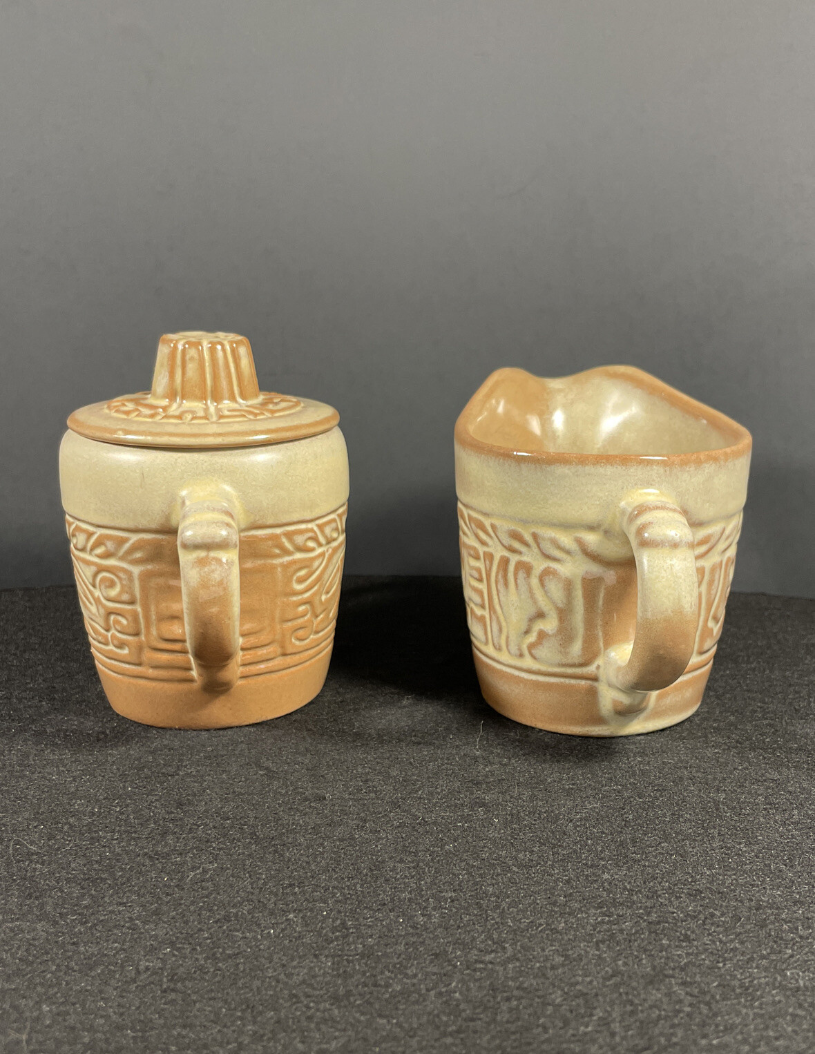 Frankoma Pottery Mayan Aztec Creamer and Sugar Dish w Lid Desert Gold ...