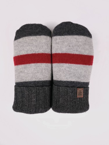 Upcycled Grey and Red Striped Wool Sweater Mittens Sherpa Fleece Lining ...