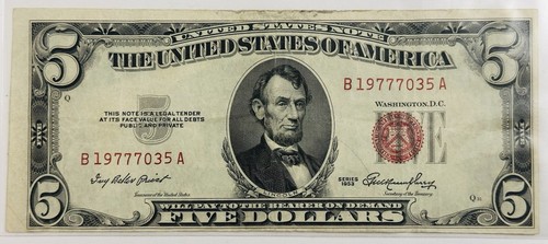 1953 $ 5 DOLLAR RED SEAL BANKNOTE B19777035A LEGAL TENDER (1977 Birth ...
