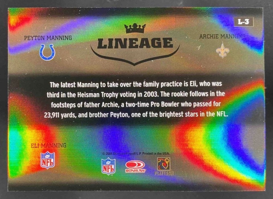 Peyton Manning Archie Manning Eli Manning 2004 Donruss Elite Lineage #L ...