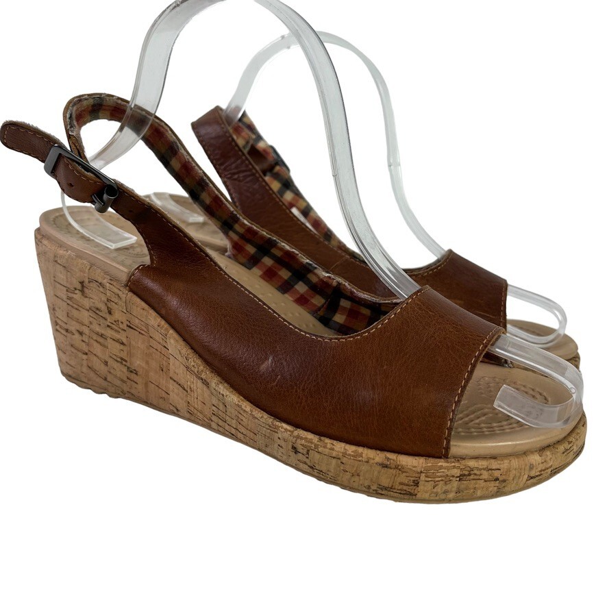 Crocs Womens A Leigh Slingback Wedge Brown Leather Sa… - Gem