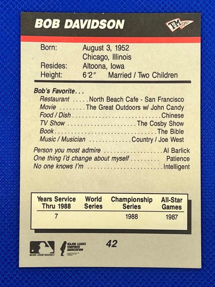 1988 T&M Umpires Association Bob Davidson #42 National League 103J | eBay