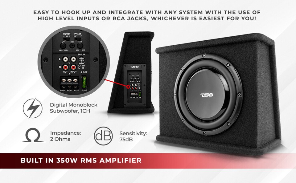 DS18 SB10A 10" Amplified Powered Car Subwoofer Shallow Enclosure 700 W ...