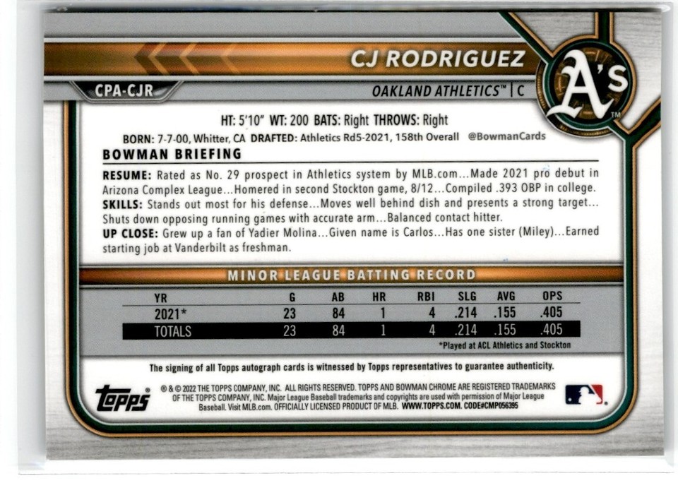 2022 Bowman Chrome Base Autograph CJ Rodriguez #CPA-CJR Auto Oakland ...