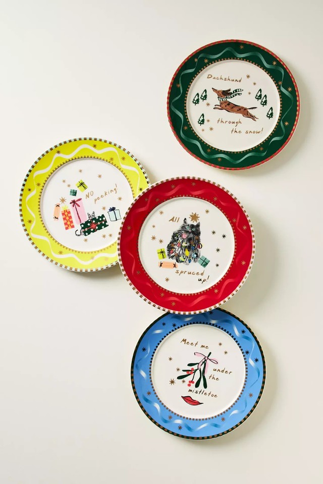 NEW ANTHROPOLOGIE CAROLINE HOLIDAY CREATURE DESSERT PLATE Cat Presents ...