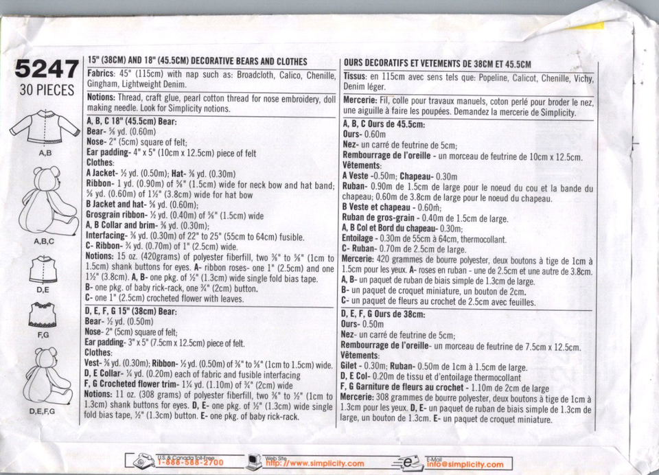 OOP Simplicity 5247 Teddy Bears and Clothes Sewing Pattern Decorative ...