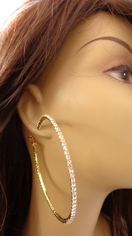 RHINESTONE HOOP EARRINGS THIN HOOP EARRINGS GOLD TONE HOOPS CRYSTAL 3 ...